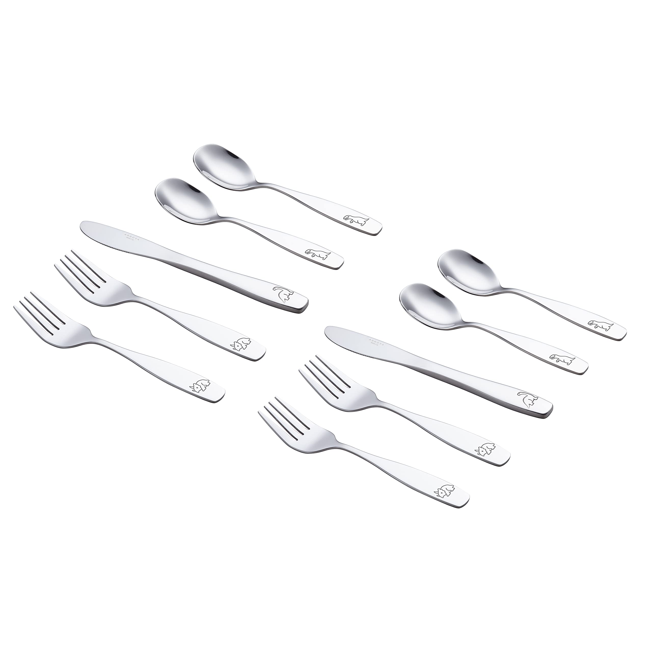 ANNOVA Kids Silverware 10 Pieces Children's Safe Flatware Set Stainless Steel - 4 x Forks, 4 x Dinner Spoons, 2 x Safe Knife Toddler Utensils, Metal Cutlery for Lunchbox (Engraved Dinosaurs)