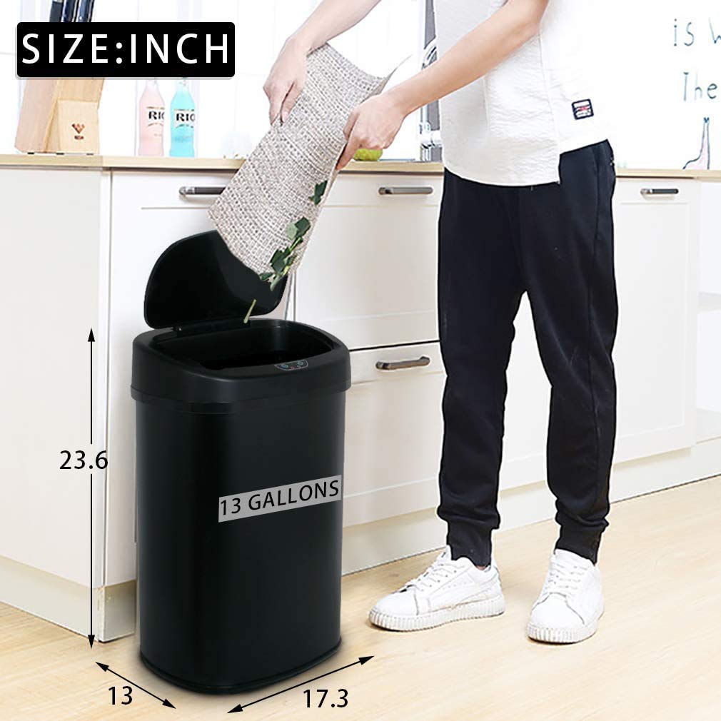 HGS 13 Gallon Black Stainless Steel Trash Can with Lid, Touch-Free Sensor Garbage Can for Kitchen, Home, Office