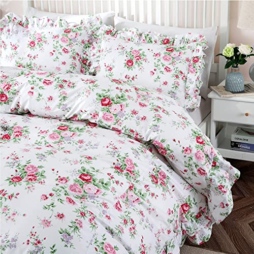 ZJZC Art Ruffle Duvet Cover Set Queen, 100% Cotton Pink Rose Floral Duvet Cover Cottage French Countryside Vintage Shabby and Chic 3 Pieces with Pillow Shams (Rose, Queen)