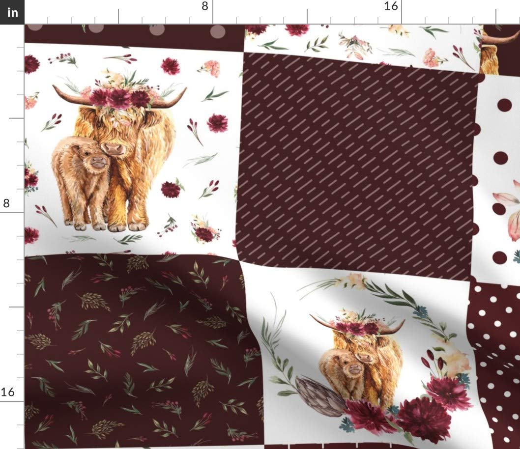 Spoonflower Fabric - Highland Cow Scottish Shaggy Floral Baby Calf Cattle Printed on Petal Signature Cotton Fabric by The Yard - Sewing Quilting Apparel Crafts Decor