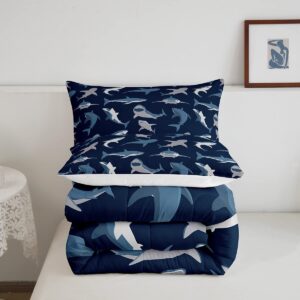 Boys Shark Bedding Set Ocean Sealife Comforter Set for Kids Youth Teens,Under Sea Marine Life Duvet Insert,Underwater World Creature Bed Quilt,Nautical Sea Animal Bedroom Decor Twin Size Navy Blue