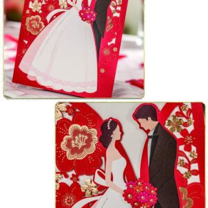 Hosmsua 5x7.3 Inch 50PCS Blank Red Laser Cut Wedding Invitations Cards with Bride & Groom Gold Flower Pocket for Engagement Wedding Invite