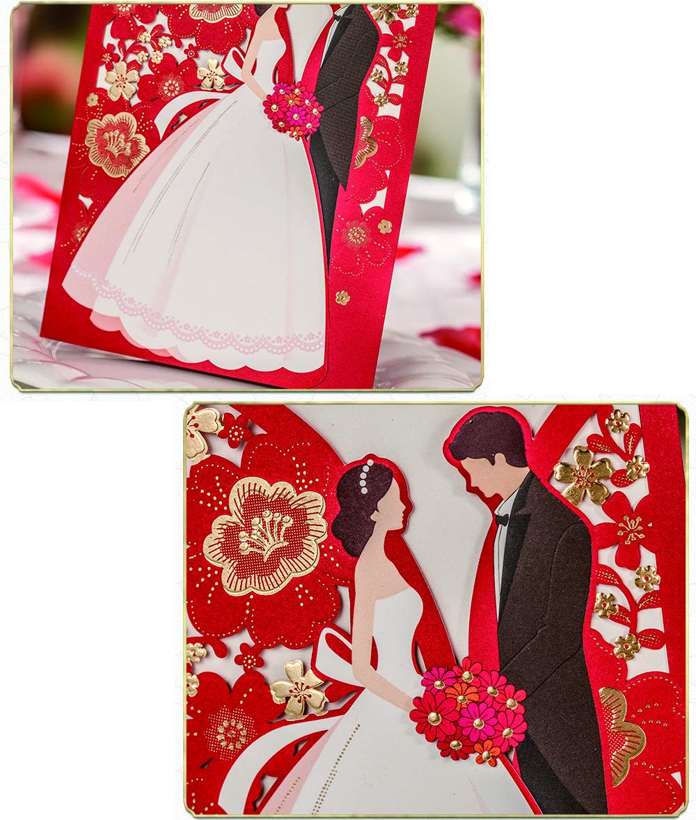 Hosmsua 5x7.3 Inch 50PCS Blank Red Laser Cut Wedding Invitations Cards with Bride & Groom Gold Flower Pocket for Engagement Wedding Invite