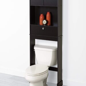 Zenna Home Drop Door Over-the-Toilet Bathroom Spacesaver, Bath-Storage Shelves with Leg Extensions, Espresso