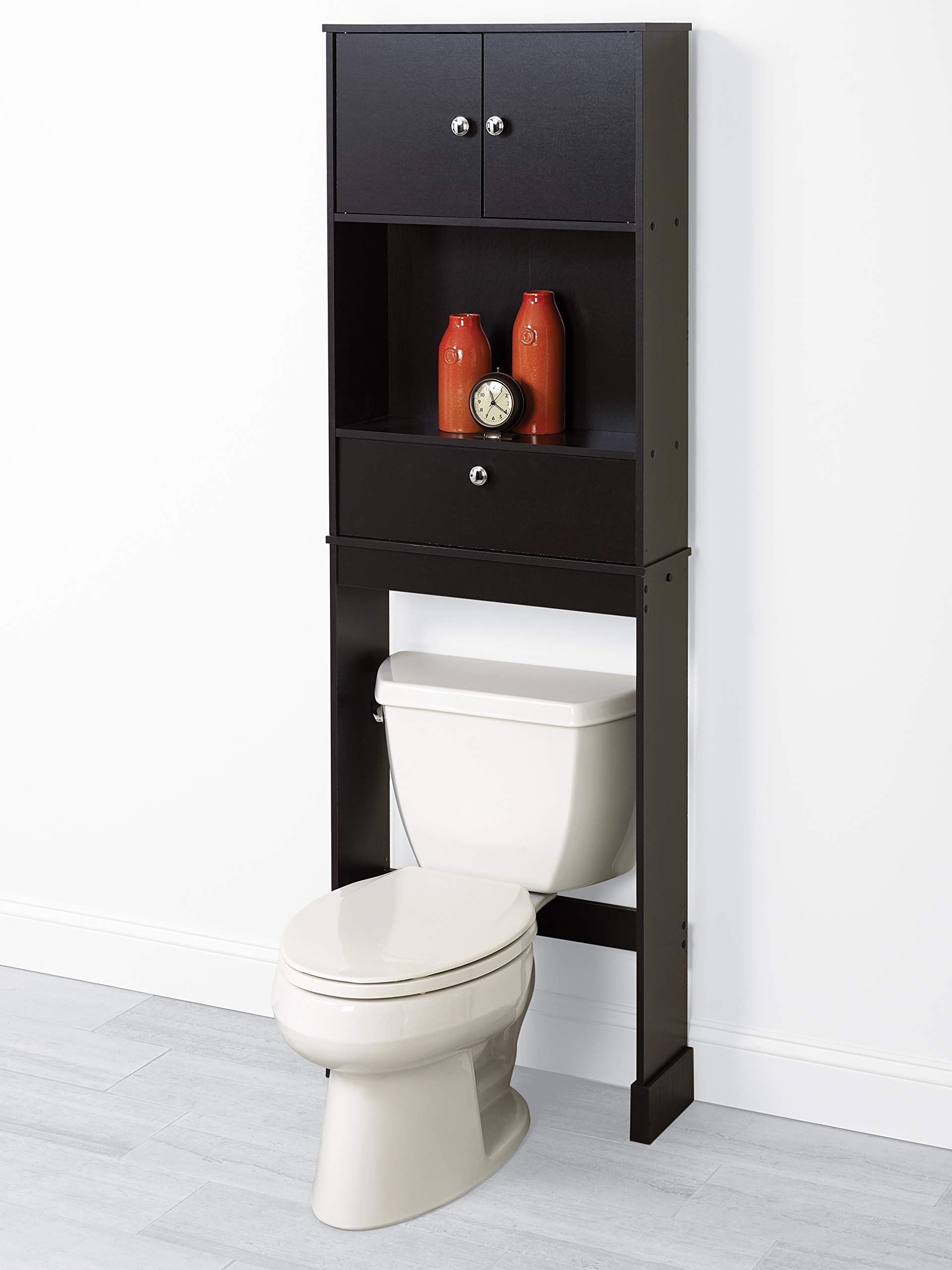 Zenna Home Drop Door Over-the-Toilet Bathroom Spacesaver, Bath-Storage Shelves with Leg Extensions, Espresso