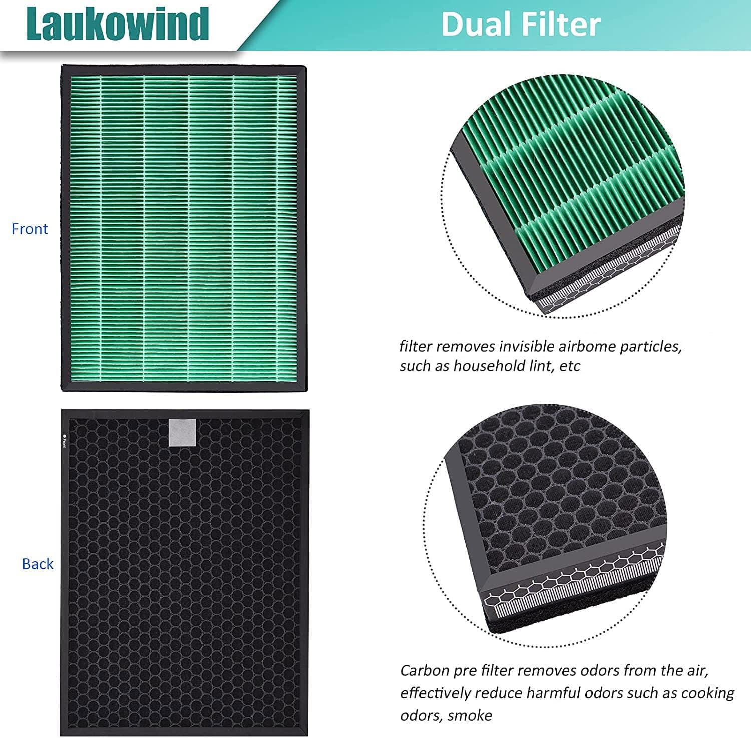 Laukowind for Coway Airmega 400 400s Max2 True Filter Replacement Set Compatible with Smart Technology App-Enabled Alexa Green and Active Carbon AP-2015-FP Part to 3111737 Filters (2 Pack)