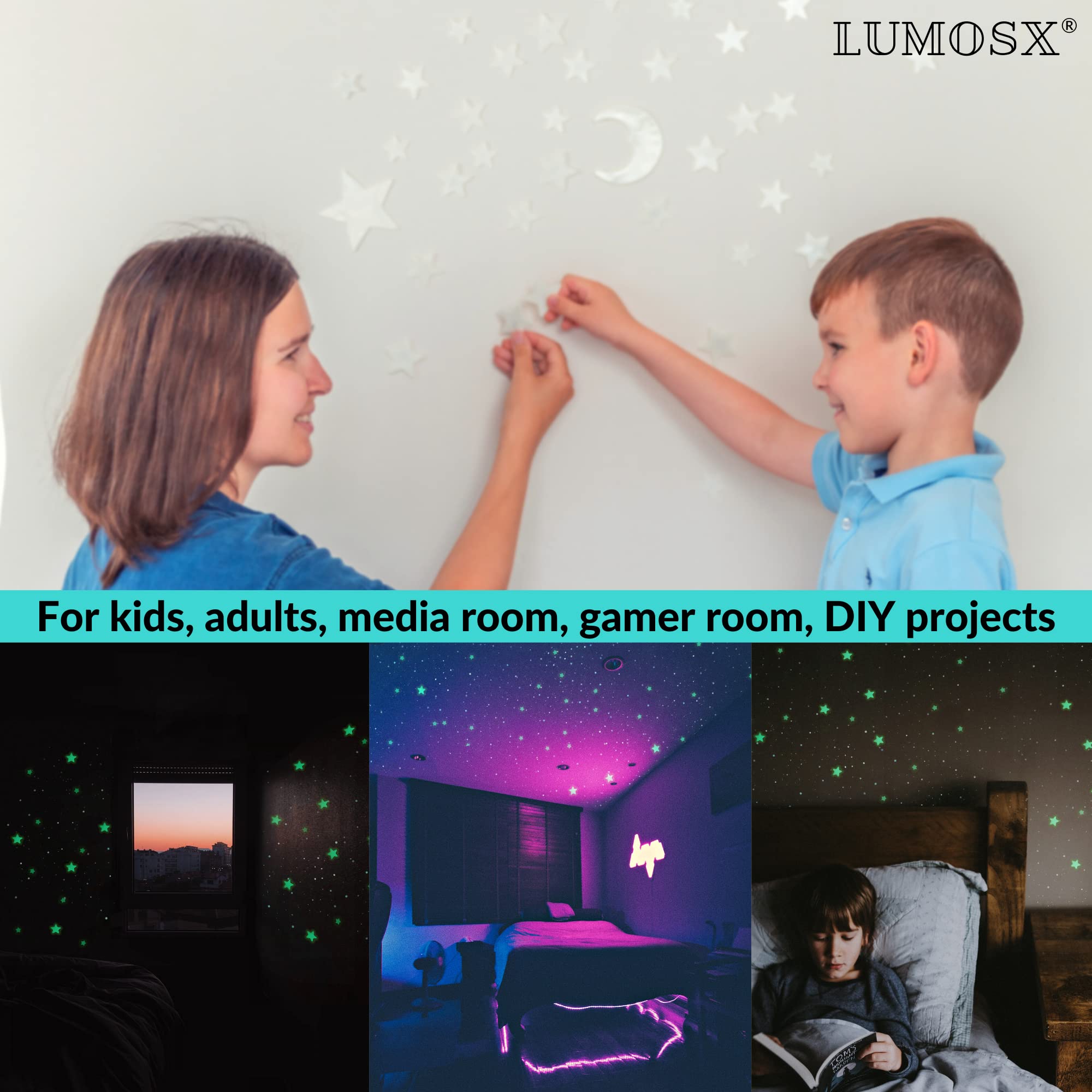 LUMOSX Glow in The Dark Stars for Ceiling - Stars from Recycled Materials w/North Star, Moon & Constellation E-Book | 220 pcs Ceiling Stars for Ceiling Decorations for Kids Room Decor