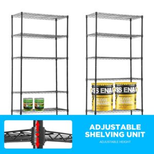 FDW 30" L×14" W×60" H Wire Shelving Unit Metal Shelf with 5 Tier Casters Adjustable Layer Rack Strong Steel for Restaurant Garage Pantry Kitchen Garage，Black