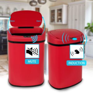 HCB Trash Can Automatic Waste Bin Mute Metal Garbage Can with Lid Stainless Steel 13 Gallon 50 Liter for Kitchen | Office | Bedroom | Bathroom | Living Room (Red)