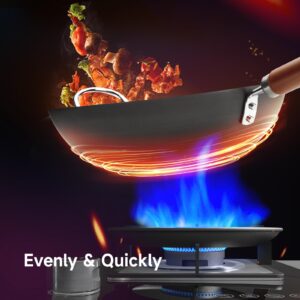 WANGYUANJI Carbon Steel Wok Pan,12.59" Woks and Stir Fry Pans with Glass Lid,Chinese Wok Flat bottom Iron wok for Induction, Electric, Gas, Suitable for All Stoves