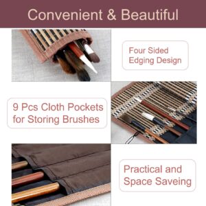 Paint Brush Holder, Bamboo Rollup Pen Case Travel Breathable Bamboo Rolling Bag with 9pcs Cloth Pockets Painting Tool Organizing Case for Acrylic Oil Watercolor Gouache