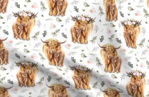 spoonflower fabric - pink spring highland cow floral calf scottish printed on petal signature cotton fabric fat quarter - sewing quilting apparel crafts decor