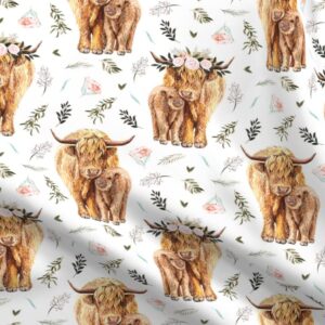 Spoonflower Fabric - Pink Spring Highland Cow Floral Calf Scottish Printed on Petal Signature Cotton Fabric Fat Quarter - Sewing Quilting Apparel Crafts Decor