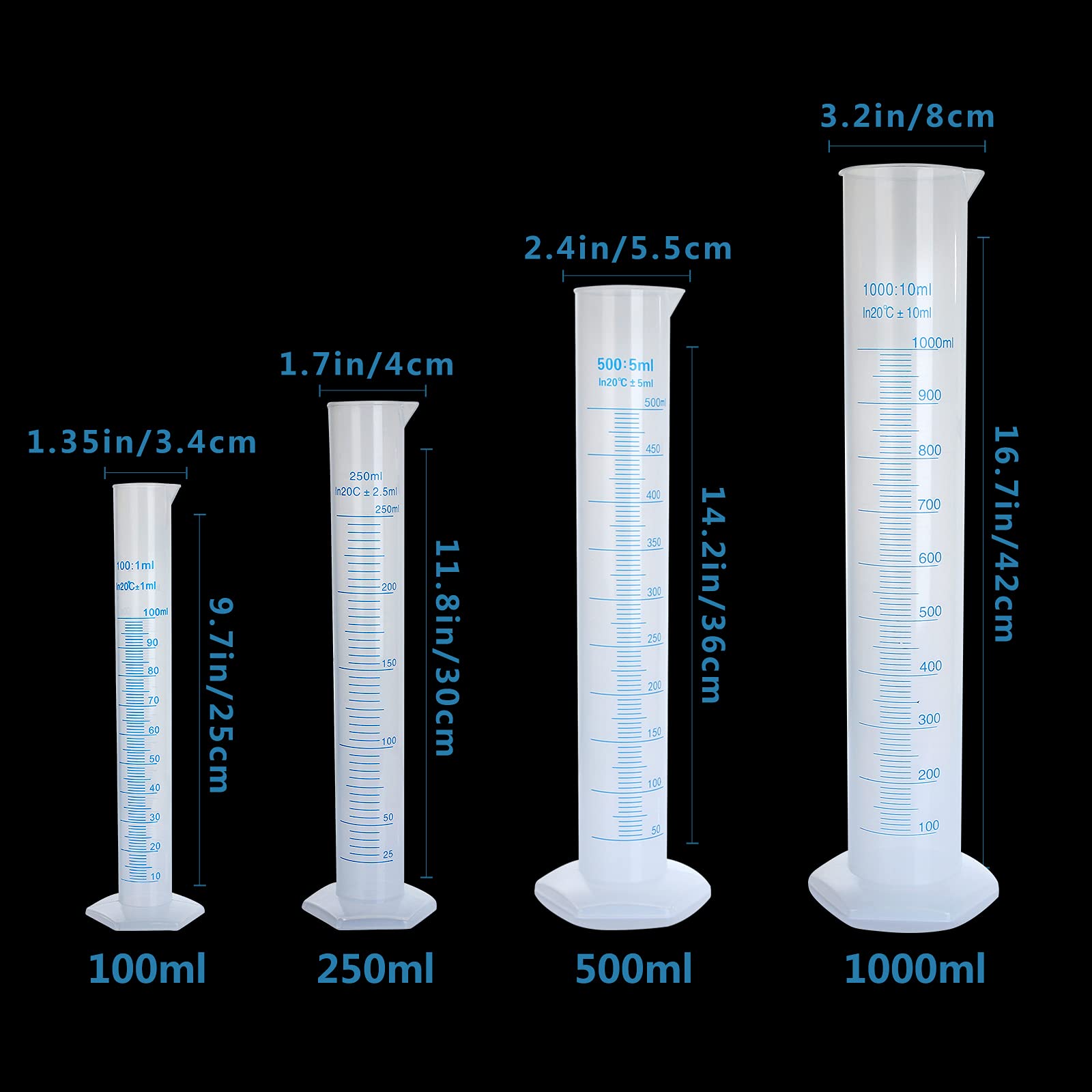 4Pack 500ml Plastic Graduated Cylinder, Transparent Measuring Cylinder Durable Lab Test Tube Flask, 2-Sided Measuring Lines Graduated Cylinder Beaker for Science Projects, Pour Spout