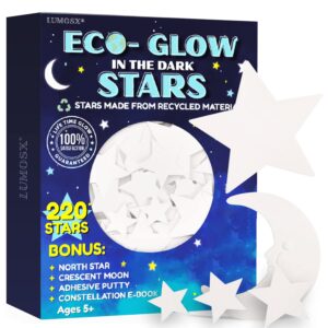 lumosx glow in the dark stars for ceiling - stars from recycled materials w/north star, moon & constellation e-book | 220 pcs ceiling stars for ceiling decorations for kids room decor