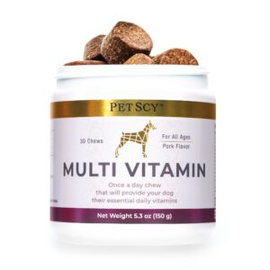 petscy – multi-vitamin chews, dog vitamins multivitamin treats, multivitamin for dogs of all ages, breeds & sizes, chewable dog vitamins with omega 3 and zinc, pork flavor, 30 chews