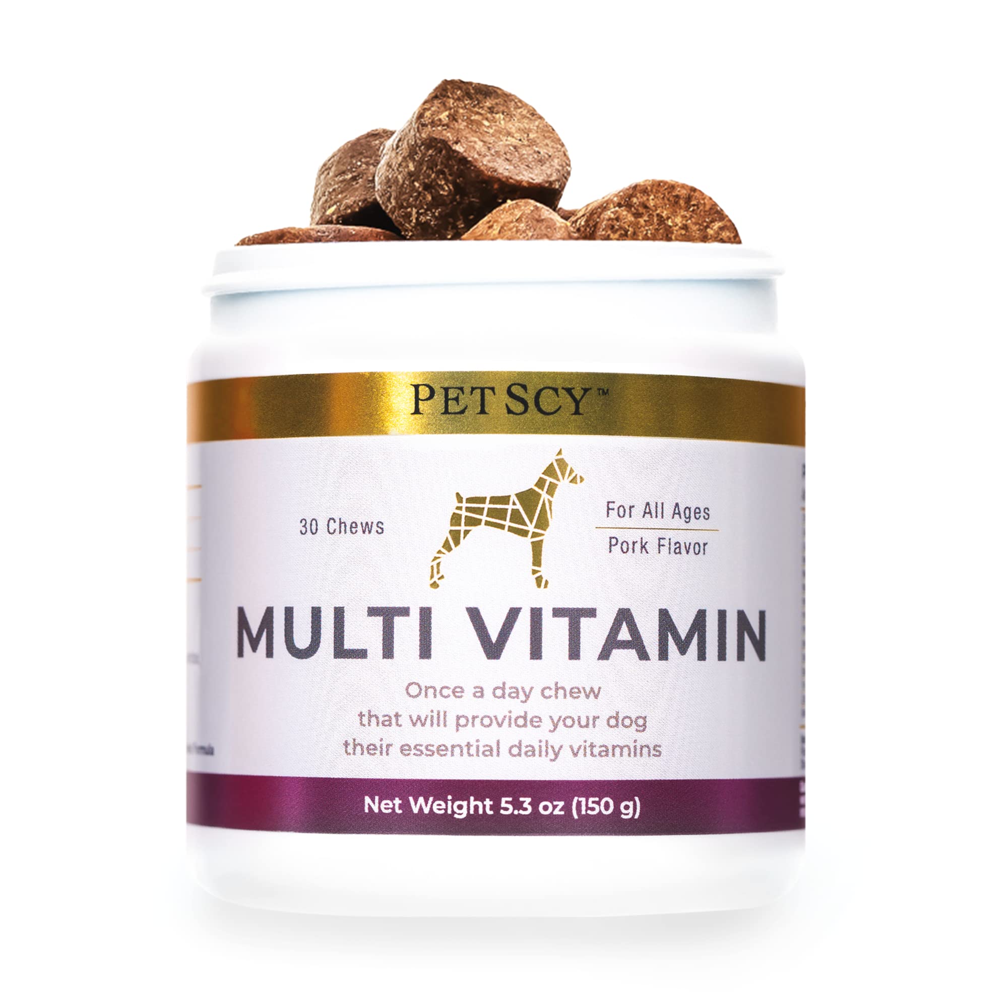 PetScy – Multi-Vitamin Chews, Dog Vitamins Multivitamin Treats, Multivitamin for Dogs of All Ages, Breeds & Sizes, Chewable Dog Vitamins with Omega 3 and Zinc, Pork Flavor, 30 Chews