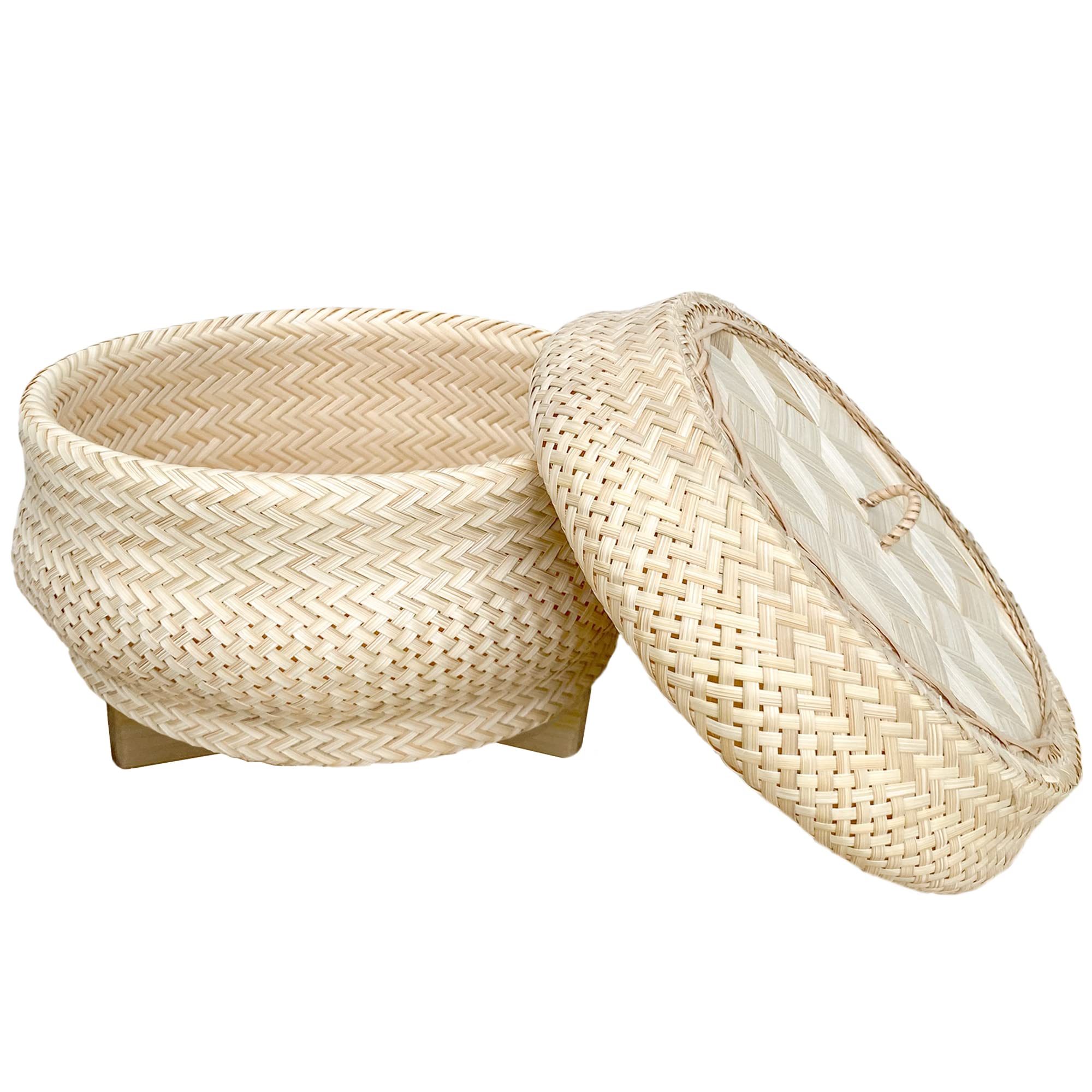 PANWA Handmade 100% Natural Thai Bamboo Sticky Rice “Electric Cooker Steamer Set”, Small Pot Insert ~ 6.5 Inch, Hewn Reed Wicker Woven Lid, 16’’ Cheesecloth Filter, and Wooden Spoon