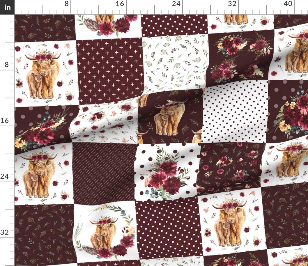 Spoonflower Fabric - Highland Cow Scottish Shaggy Floral Baby Calf Cattle Printed on Petal Signature Cotton Fabric by The Yard - Sewing Quilting Apparel Crafts Decor