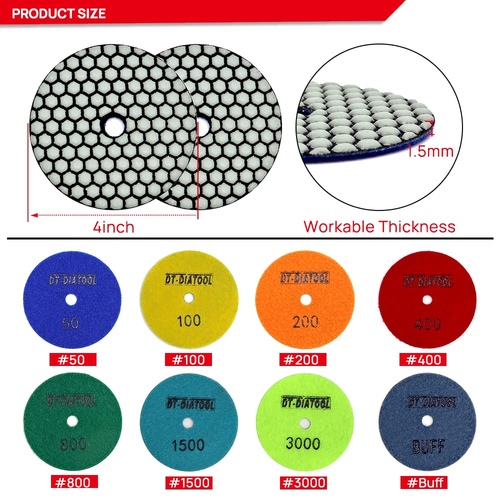 DT-DIATOOL Dry Diamond Polishing Pads 4 Inch for Granite Marble Quartz Stone Countertop Tiles 8 Pieces Grits 100