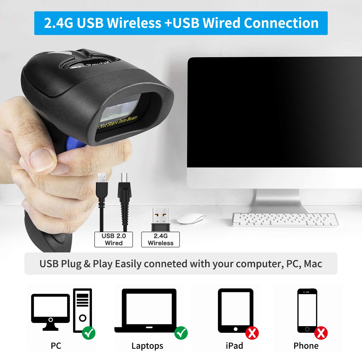 NetumScan Upgraded Version Wireless Barcode Scanner with Stand, Portable Automatic 1D 2D Barcode Reader 2-in-1 (2.4G Wireless & USB 2.0 Wired QR Code Scanner for Warehouse POS and Computer