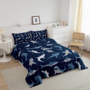 Boys Shark Bedding Set Ocean Sealife Comforter Set for Kids Youth Teens,Under Sea Marine Life Duvet Insert,Underwater World Creature Bed Quilt,Nautical Sea Animal Bedroom Decor Twin Size Navy Blue