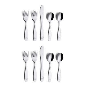 annova kids silverware 10 pieces children's safe flatware set stainless steel - 4 x forks, 4 x dinner spoons, 2 x safe knife toddler utensils, metal cutlery for lunchbox (engraved dinosaurs)