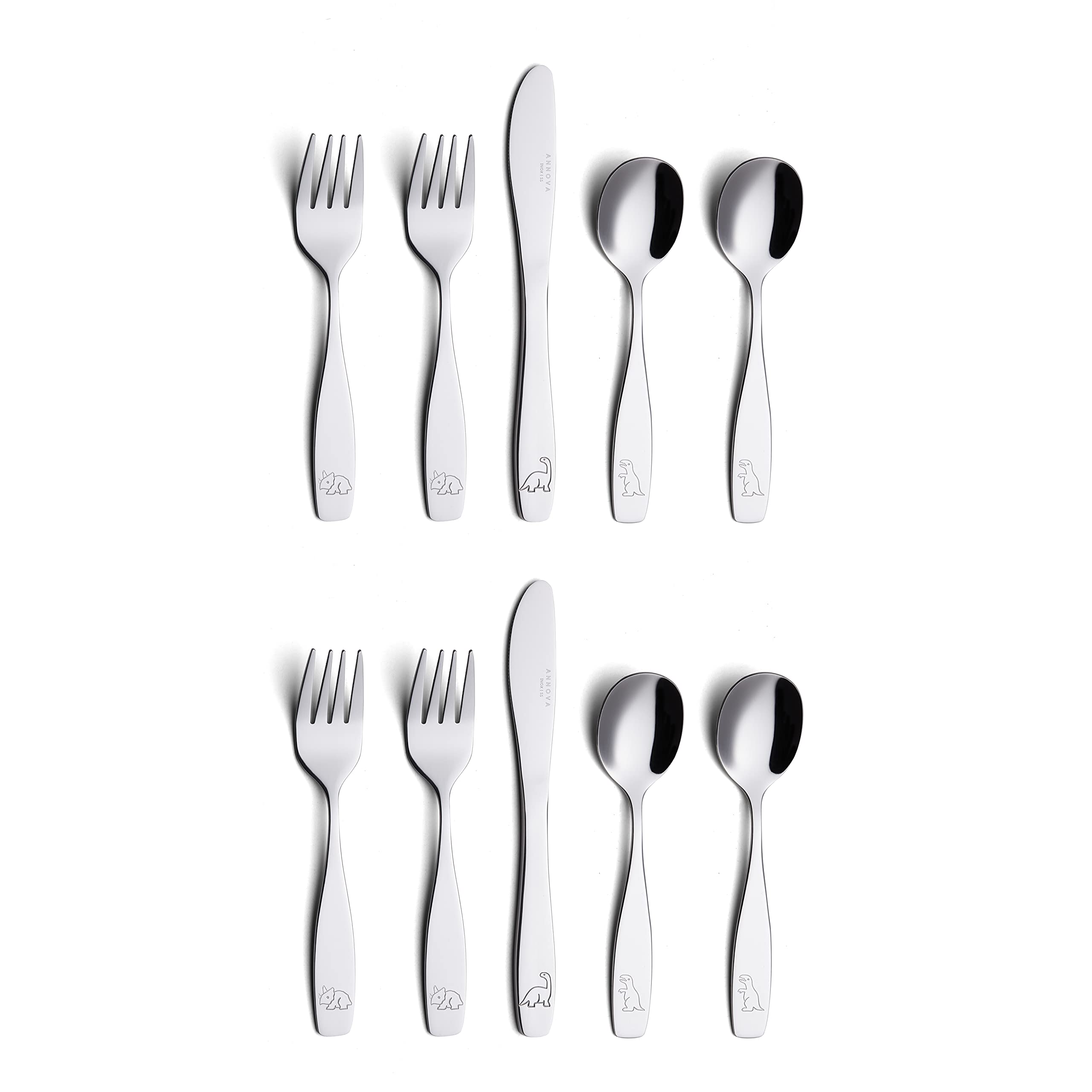 ANNOVA Kids Silverware 10 Pieces Children's Safe Flatware Set Stainless Steel - 4 x Forks, 4 x Dinner Spoons, 2 x Safe Knife Toddler Utensils, Metal Cutlery for Lunchbox (Engraved Dinosaurs)