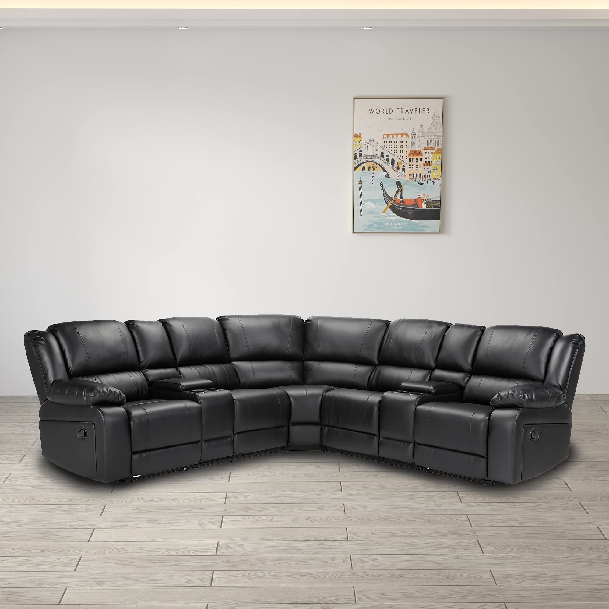 themagichome Sectional Sofa Symmetrical Reclining Sectional Sofa PU Modern Sectional Sofa Couch Power Motion Sofa Living Room Sofa Corner Sectional Sofa with Cup Holder-Black Leather,W223S00028