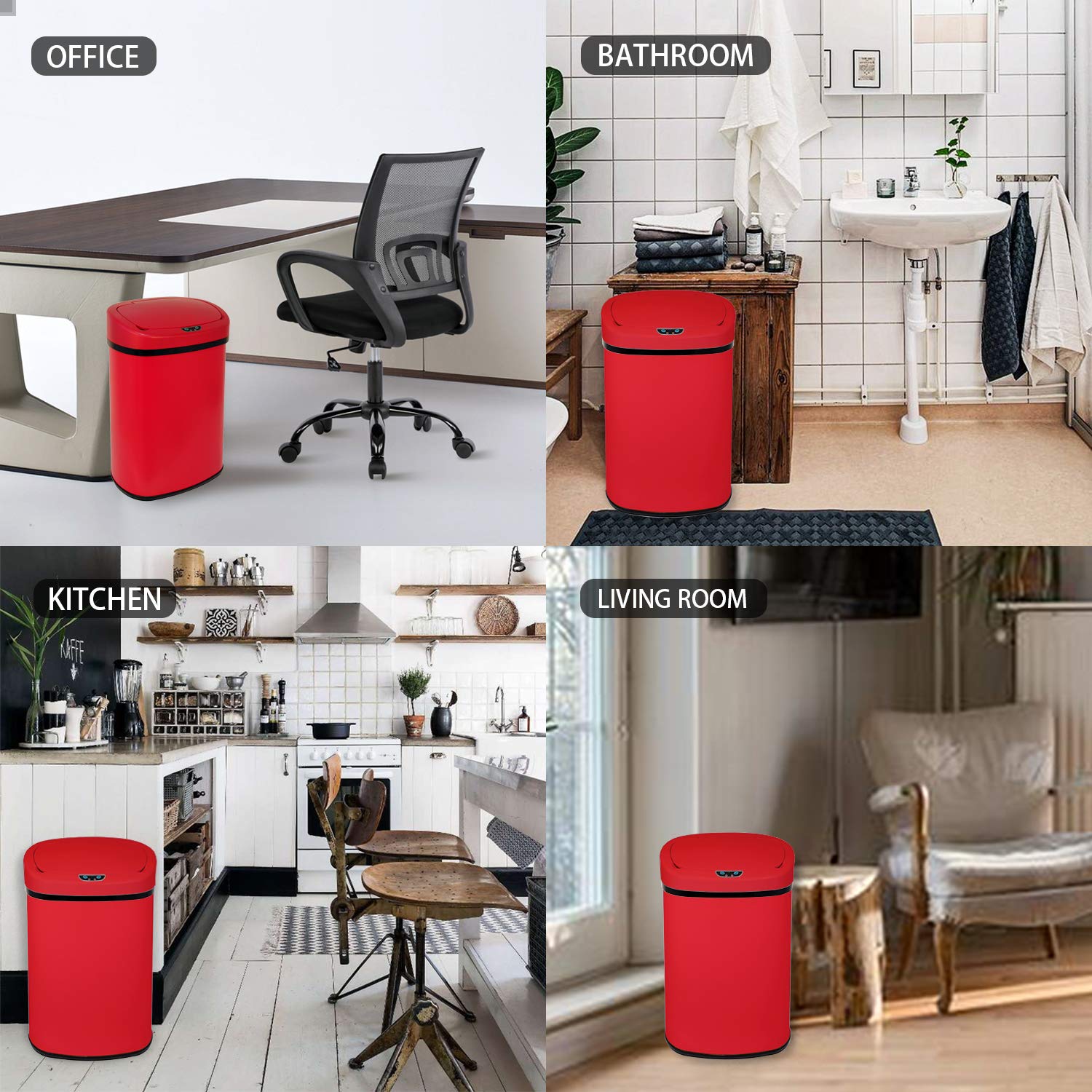 HCB Trash Can Automatic Waste Bin Mute Metal Garbage Can with Lid Stainless Steel 13 Gallon 50 Liter for Kitchen | Office | Bedroom | Bathroom | Living Room (Red)