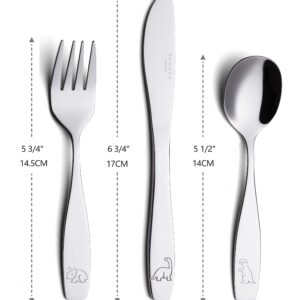 ANNOVA Kids Silverware 10 Pieces Children's Safe Flatware Set Stainless Steel - 4 x Forks, 4 x Dinner Spoons, 2 x Safe Knife Toddler Utensils, Metal Cutlery for Lunchbox (Engraved Dinosaurs)