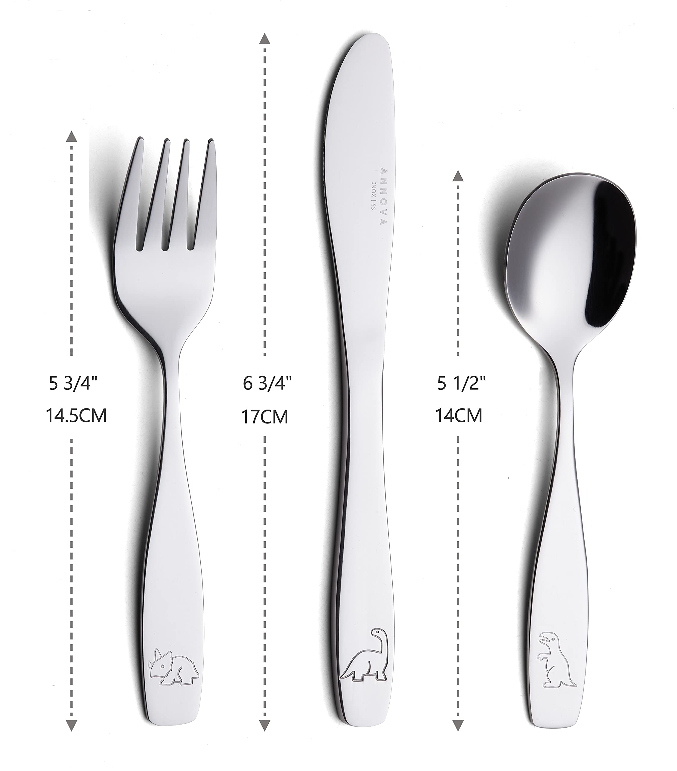 ANNOVA Kids Silverware 10 Pieces Children's Safe Flatware Set Stainless Steel - 4 x Forks, 4 x Dinner Spoons, 2 x Safe Knife Toddler Utensils, Metal Cutlery for Lunchbox (Engraved Dinosaurs)