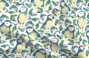 spoonflower fabric - puffin party geometric fish boy wildlife puffins art tattoo printed on petal signature cotton fabric fat quarter - sewing quilting apparel crafts decor