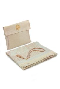 muslim prayer rug and beads with elegant slub fabric bag | janamaz | sajadah | soft islamic prayer rug | islamic gifts | prayer carpet mat, taffeta fabric, gold