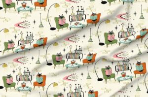 spoonflower fabric - mid century modern retro cats 1950s inspired atomic age vintage style printed on petal signature cotton fabric by the yard - sewing quilting apparel crafts decor