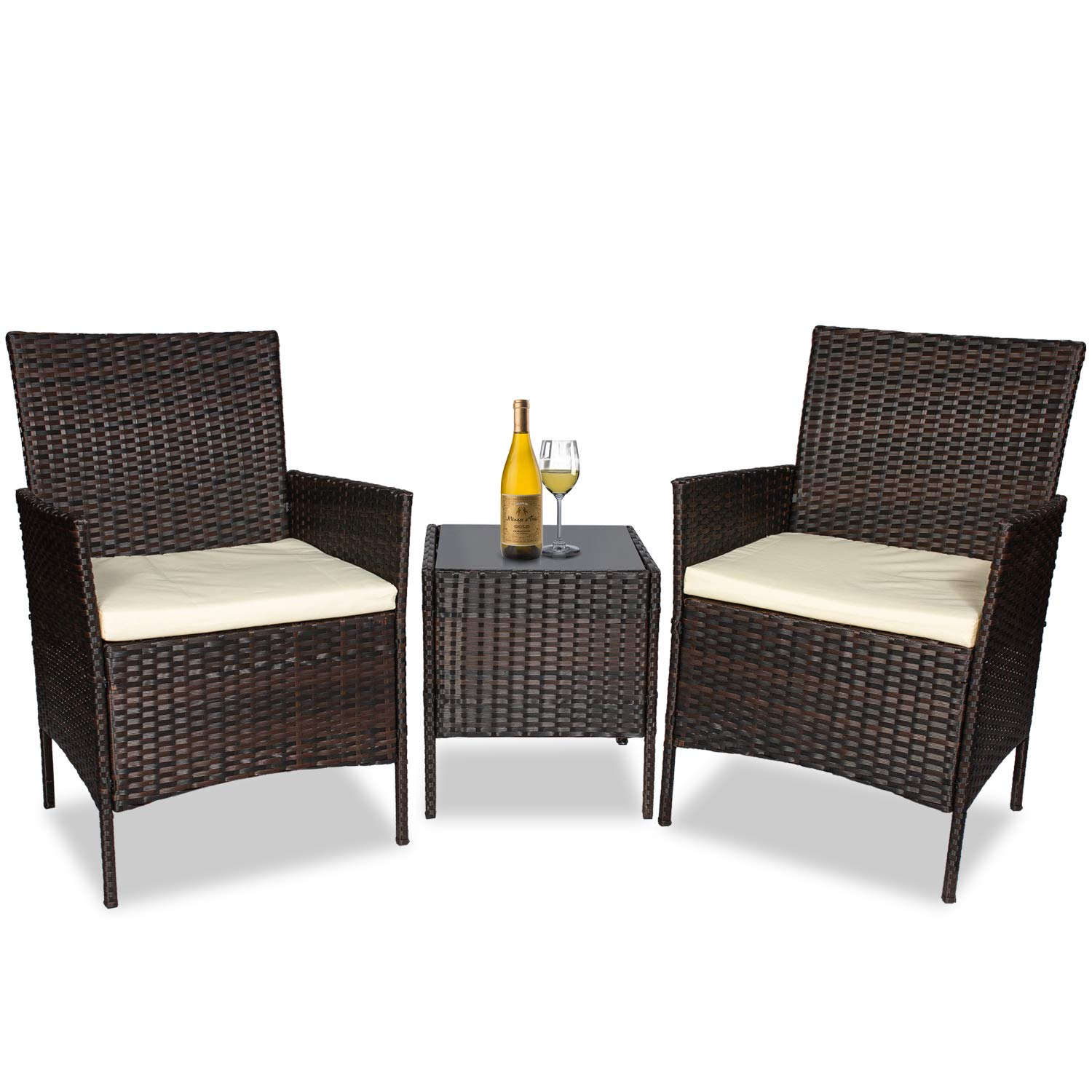 X&T Wicker Patio Furniture Sets 3-Piece All Weather Rattan Outdoor Furniture with Chairs, Glass Coffee Table and Removable Cushion, Backyard Porch Garden Balcony Furniture Sets, BrownBeige