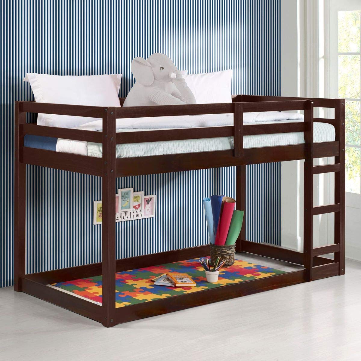 Low Bunk Beds Twin Over Twin, Wood Twin Bunk Bed Frame with Safety Rail Ladder for Kids Bedroom, Espresso Loft Bed for Boys Girls Toddlers