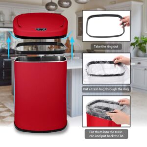 HCB Trash Can Automatic Waste Bin Mute Metal Garbage Can with Lid Stainless Steel 13 Gallon 50 Liter for Kitchen | Office | Bedroom | Bathroom | Living Room (Red)