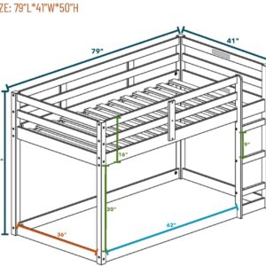 Low Bunk Beds Twin Over Twin, Wood Twin Bunk Bed Frame with Safety Rail Ladder for Kids Bedroom, Espresso Loft Bed for Boys Girls Toddlers