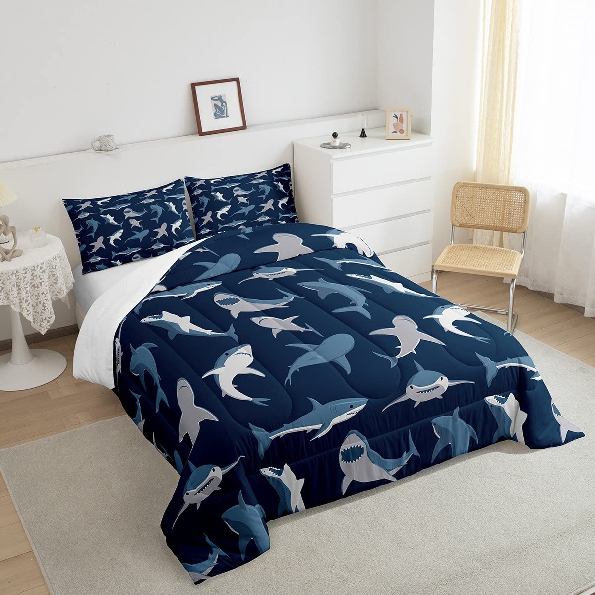 Boys Shark Bedding Set Ocean Sealife Comforter Set for Kids Youth Teens,Under Sea Marine Life Duvet Insert,Underwater World Creature Bed Quilt,Nautical Sea Animal Bedroom Decor Twin Size Navy Blue