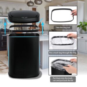 HGS 13 Gallon Black Stainless Steel Trash Can with Lid, Touch-Free Sensor Garbage Can for Kitchen, Home, Office