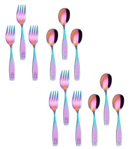 annova kids silverware children's safe flatware set stainless steel - forks, dinner spoons, toddler utensils (engraved dog bunny) (uv rainbow,12 pieces)