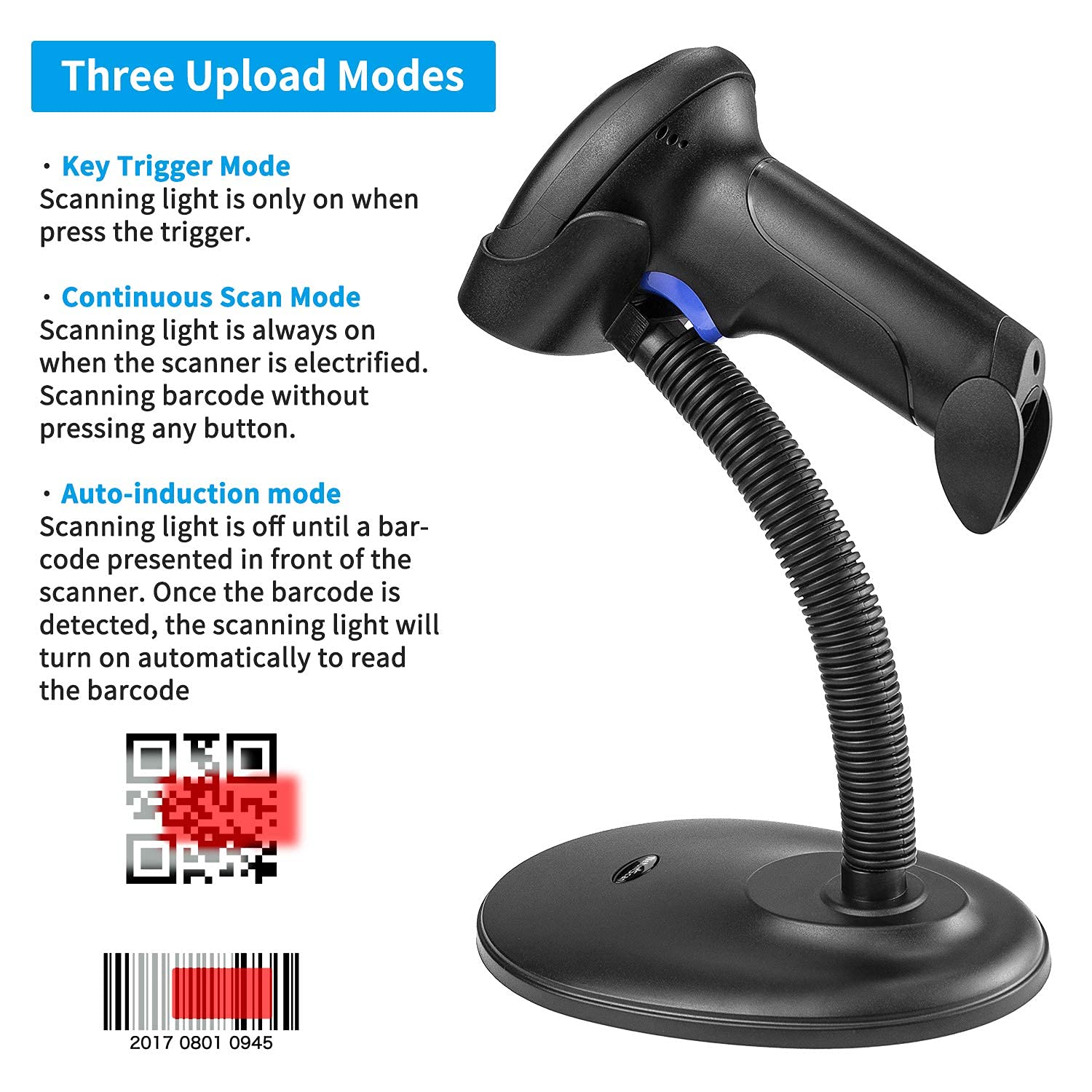 NetumScan Upgraded Version Wireless Barcode Scanner with Stand, Portable Automatic 1D 2D Barcode Reader 2-in-1 (2.4G Wireless & USB 2.0 Wired QR Code Scanner for Warehouse POS and Computer