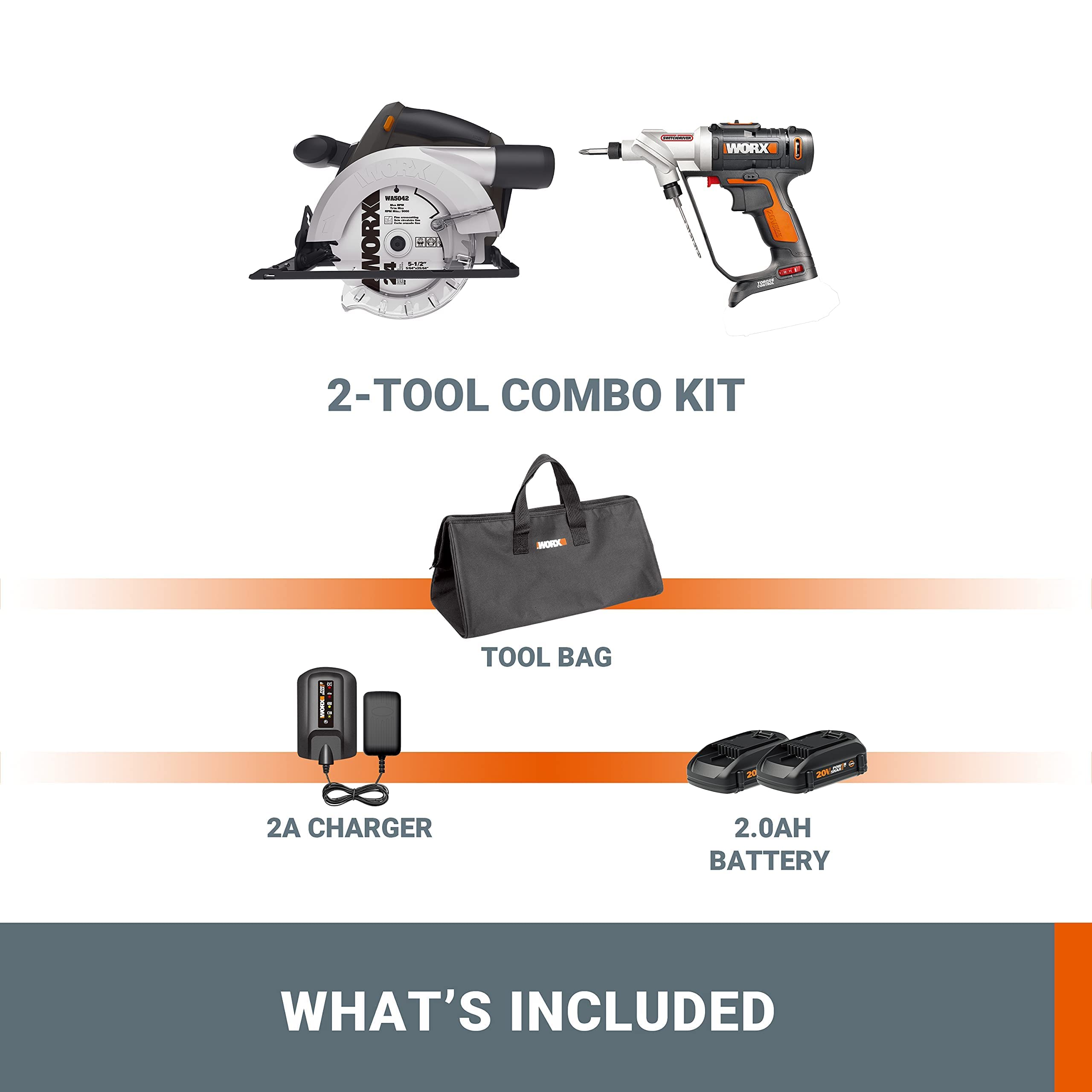 WORX 20V Cordless Switchdriver+Circular Saw WX957L 2-in-1 Drill & Driver and electric saw, Power Tool Combo Kit 2 * 2.0Ah Batteries & Charger Included