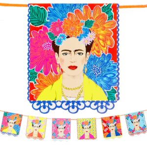 reusable frida kahlo print garland bunting - 3m | brightly colored boho party decorations for birthday, fiesta, mexican cinco de mayo celebration, kids bedroom decor