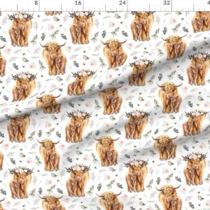 Spoonflower Fabric - Pink Spring Highland Cow Floral Calf Scottish Printed on Petal Signature Cotton Fabric Fat Quarter - Sewing Quilting Apparel Crafts Decor