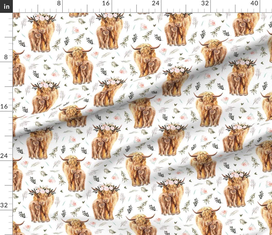 Spoonflower Fabric - Pink Spring Highland Cow Floral Calf Scottish Printed on Petal Signature Cotton Fabric Fat Quarter - Sewing Quilting Apparel Crafts Decor