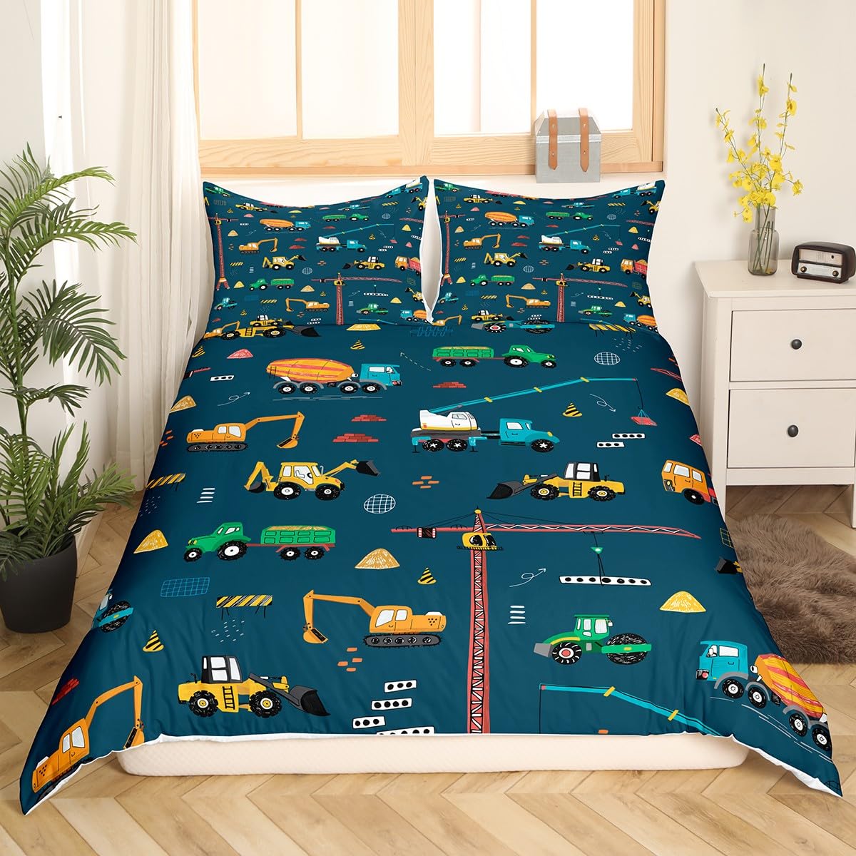 Boys Cartoon Cars Bedding Set for Girls Kids Construction Vehicles Comforter Cover Decorative Heavy Machinery Truck Duvet Cover Construction Site Bed Set Queen Size 3Pcs Bedclothes (No Comforter)