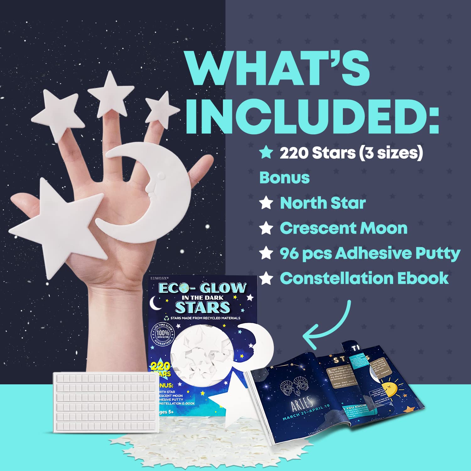 LUMOSX Glow in The Dark Stars for Ceiling - Stars from Recycled Materials w/North Star, Moon & Constellation E-Book | 220 pcs Ceiling Stars for Ceiling Decorations for Kids Room Decor