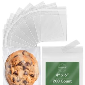 seal fresh self sealing cellophane bags - 4" x 6" (200 count) - clear plastic resealable cello bag - cellophane treat bags, cookie bags for packaging, candy bags, cello bags, pastry bags